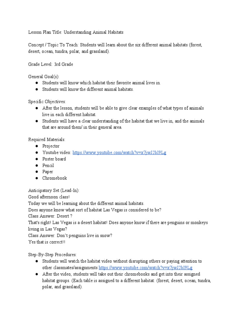 Lesson Plan Understanding Animal Habitats-3 | PDF | Lesson Plan | Habitat