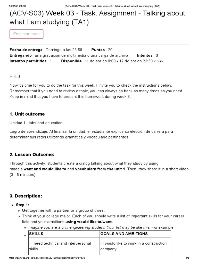 (ACV-S03) Week 03 - Task - Assignment - Talking About What I Am Studying (TA1) | PDF | Cognition ...
