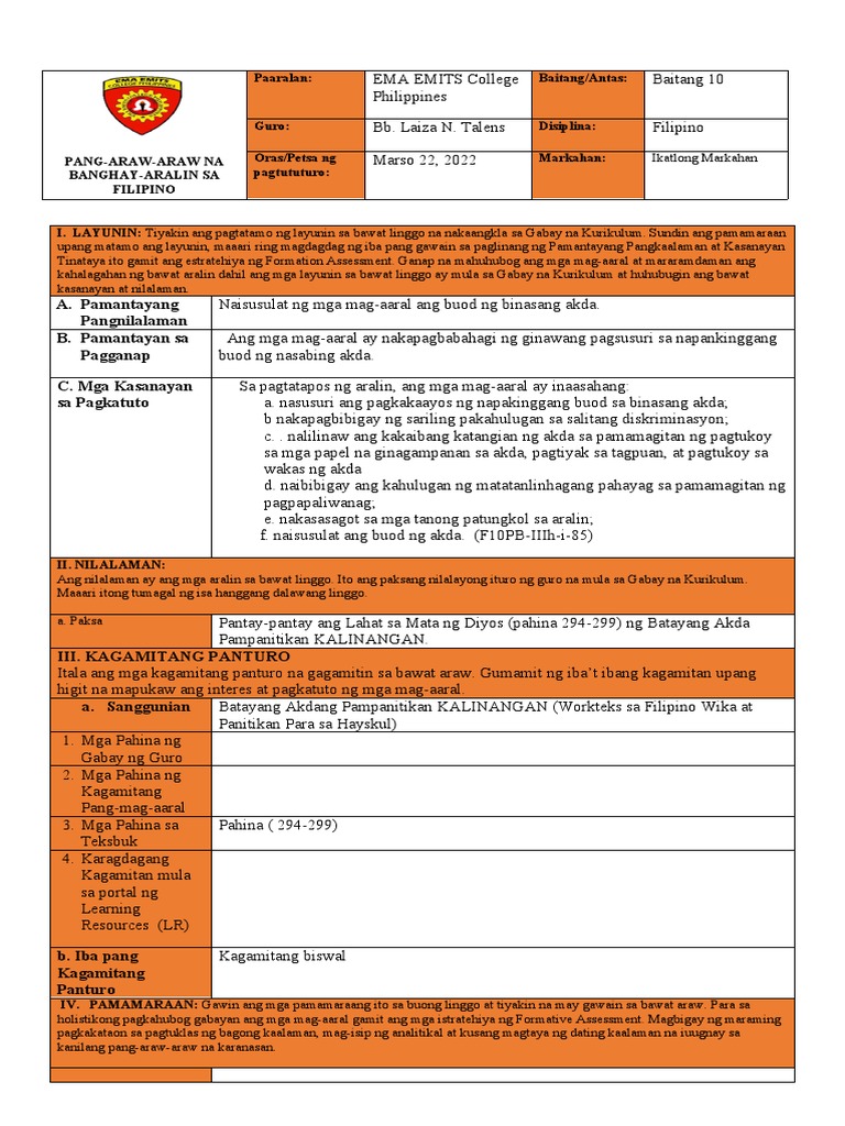 Banghay Aralin II Sa Filipino | PDF