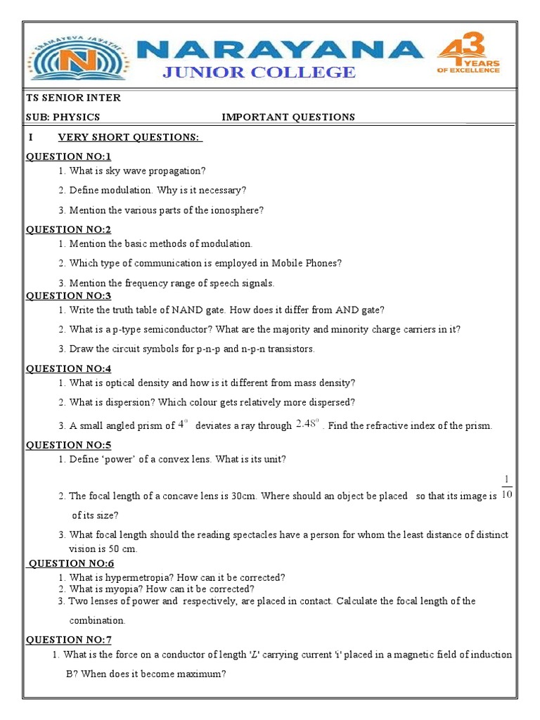 Ts Senior Inter Sub: Physics Important Questions I Very Short Questions ...
