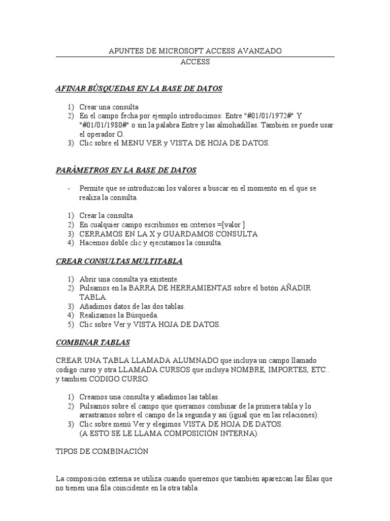Access Avanzado: Consultas y Combinaciones | PDF | Tabla (base de datos ...