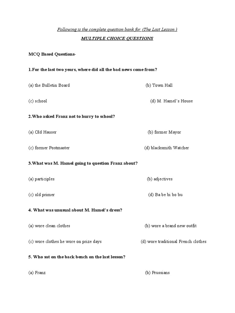 The Last Lesson Question Bank | PDF | Teachers | Literacy