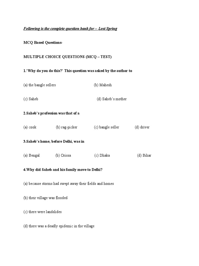 Lost Spring MCQ | PDF | Poverty | Poverty & Homelessness