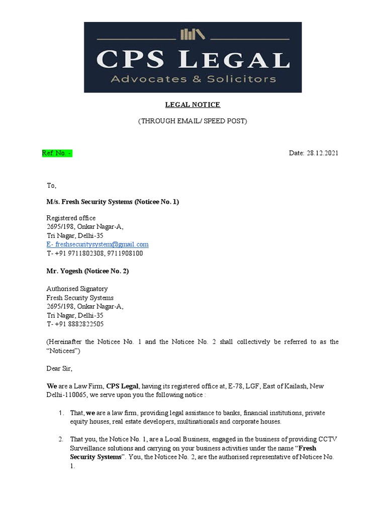 Legal Notice to Fresh Security Systems | PDF | Closed Circuit ...