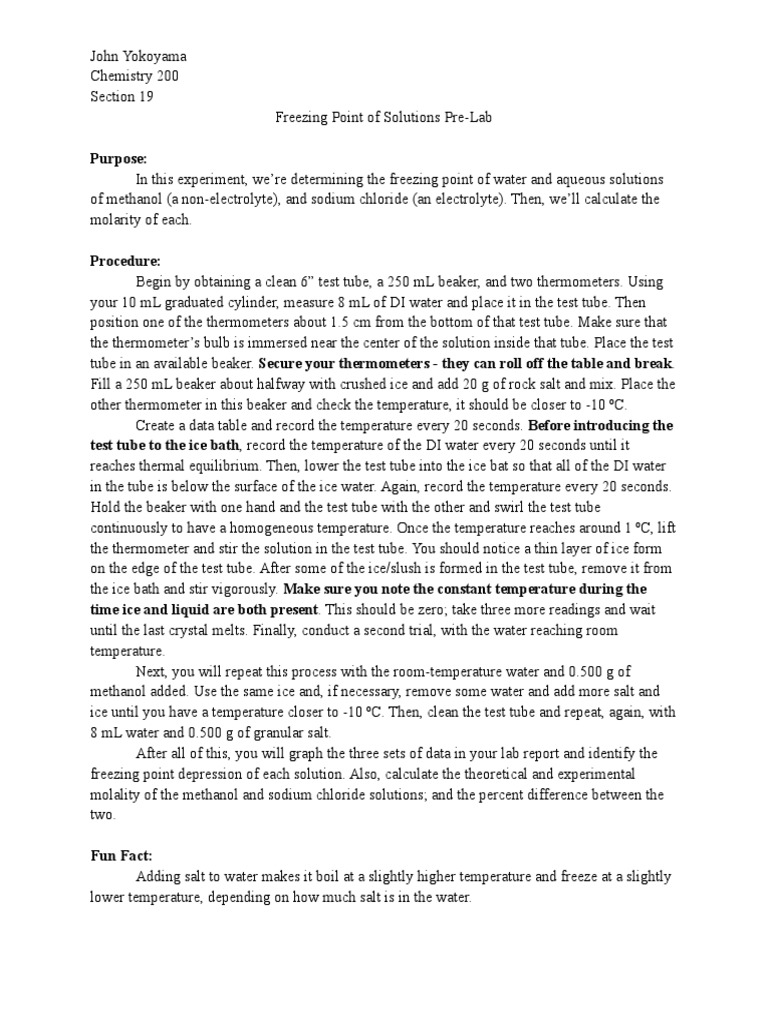 Freezing Point of Solutions Pre-Lab | PDF | Water | Temperature