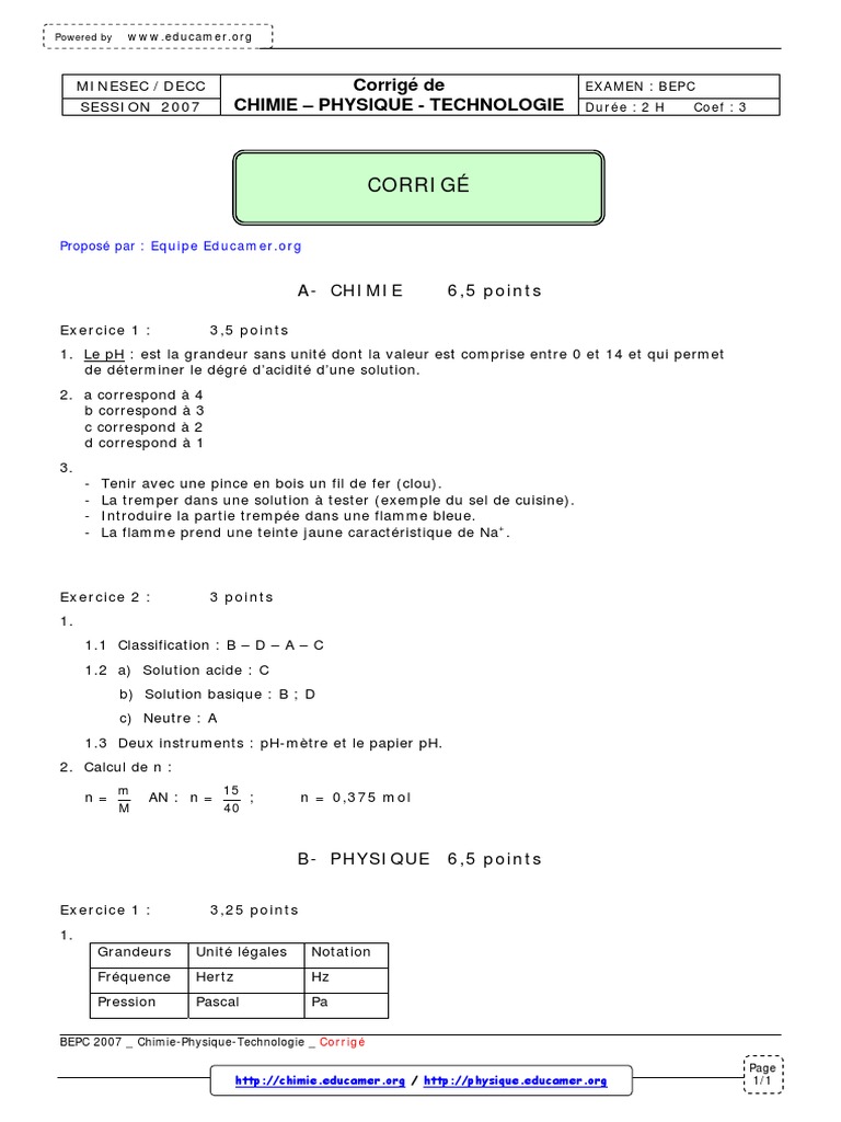 Bepc 2007 PCT (Corrige) | PDF