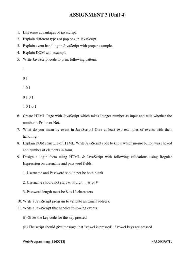 Assignment 3 Unit 4 Web Programming 3160713 Hardik Patel Pdf Java Script Document
