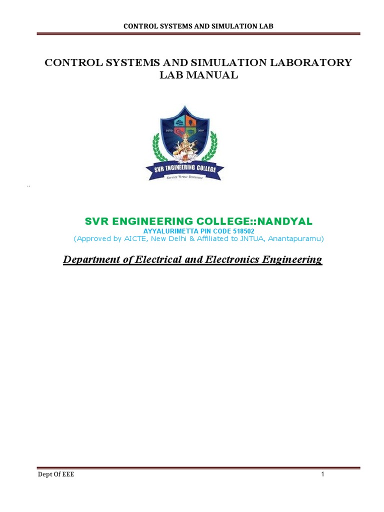 Control Systems and Simulation Laboratory Lab Manual: Department of Electrical and Electronics ...