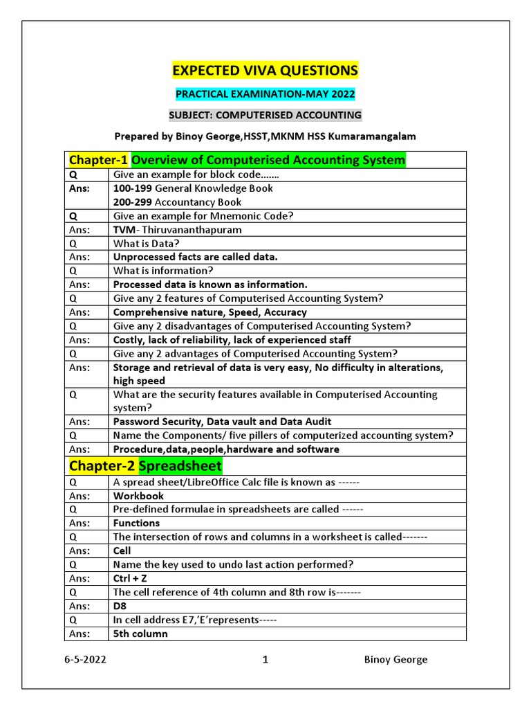 Expected Viva Questions: Chapter-1 Overview of Computerised Accounting System | PDF | Databases ...