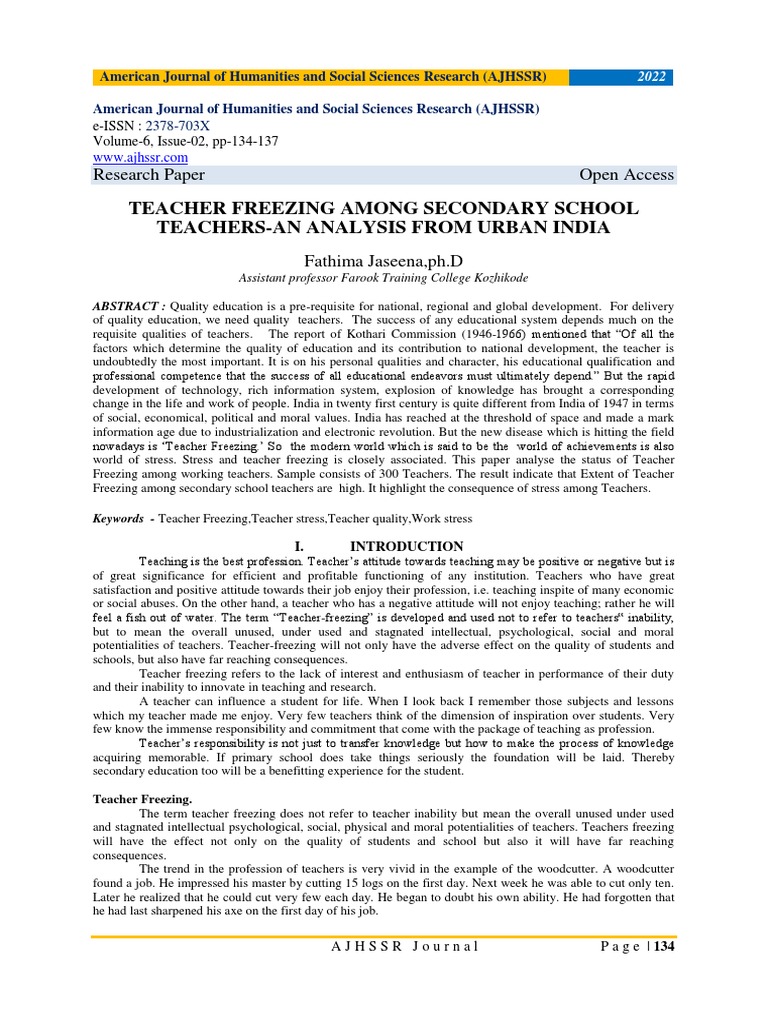 Teacher Freezing Among Secondary School Teachers-An Analysis From Urban ...