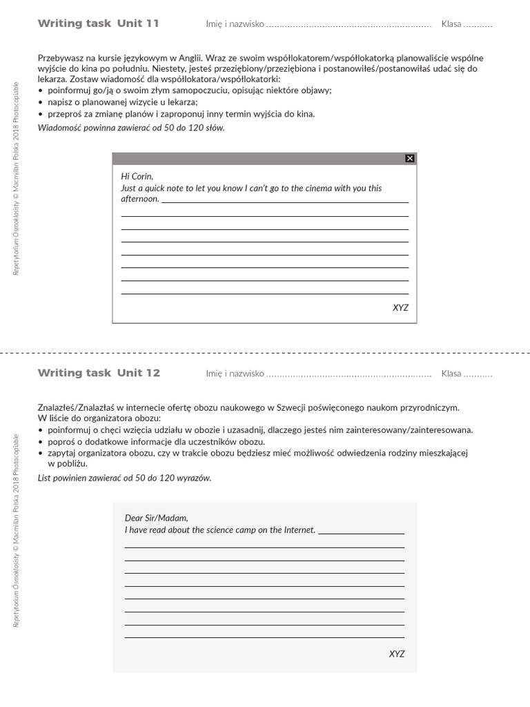 Writing Tasks - Unit 11-12 | PDF