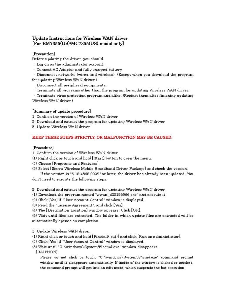 Update Instructions For Wireless WAN Driver (For EM7355 (US) /MC7355 ...