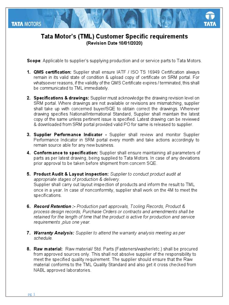 Customer Specific Requirment - 2021-22 - TML CSR Rev04 | PDF | Calibration | Specification ...