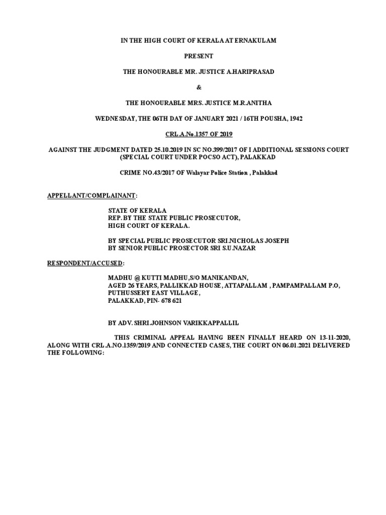 Walayar Rape Case Kerala High Court Judgment | PDF | Neck | Witness