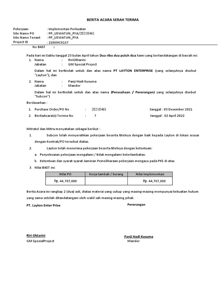 Format Bast Subcon PP USWATUN - PYA | PDF