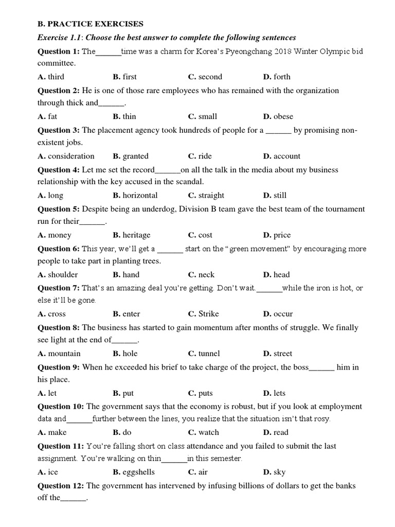 Exercise 1.1: Choose The Best Answer To Complete The Following ...