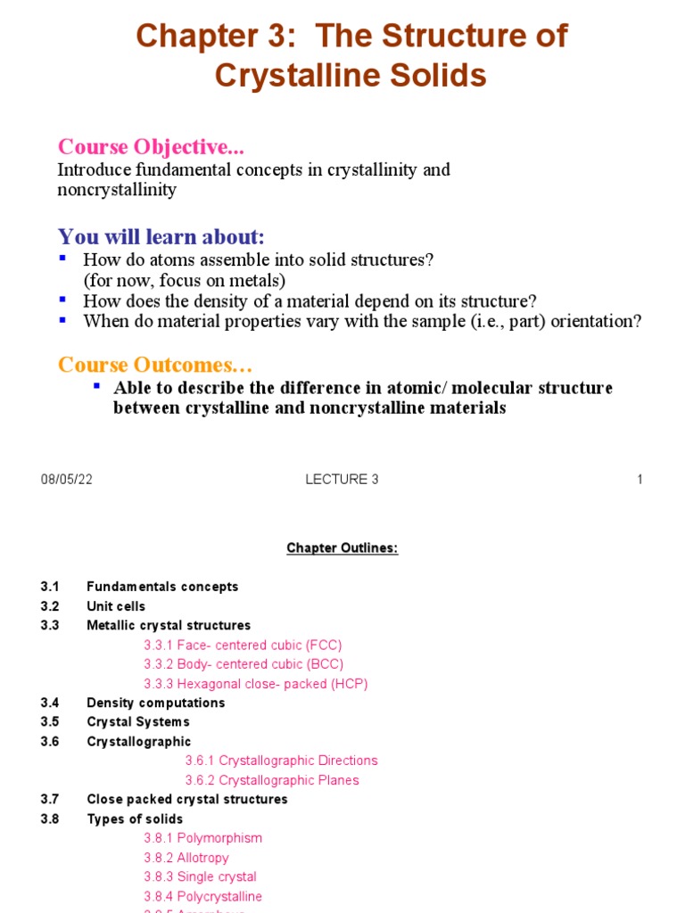 Chapter 3: The Structure of Crystalline Solids: Course Objective.. | PDF | Crystal Structure ...