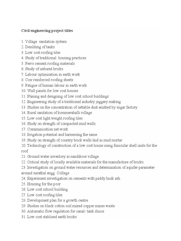 Civil Engineering Project Ideas List | PDF | Concrete | Masonry