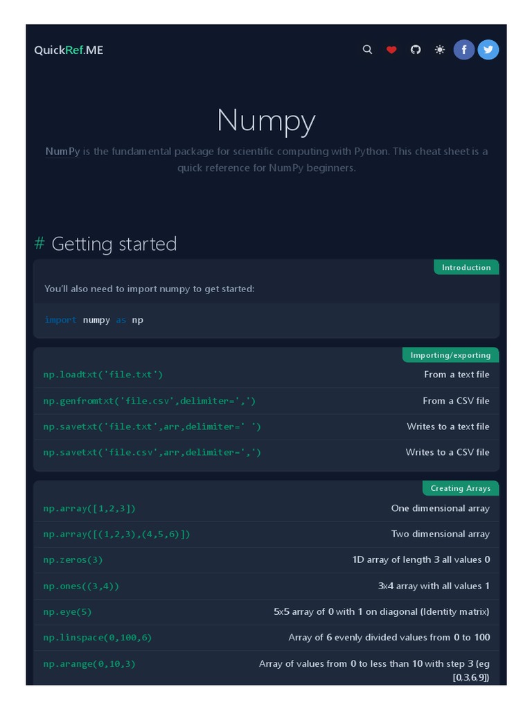 Numpy Cheat Sheet & Quick Reference | PDF | Matrix (Mathematics) | Computer Programming