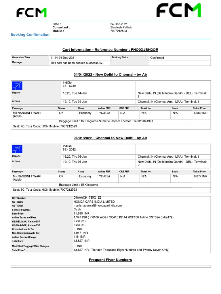 Cart Information - Reference Number: FNO0XJBN2OR: Booking Confirmation ...