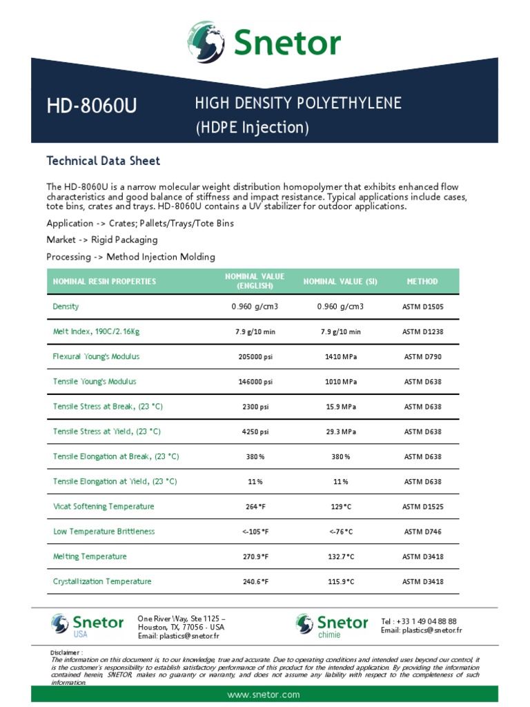 High Density Polyethylene (HDPE Injection) : Technical Data Sheet | PDF ...