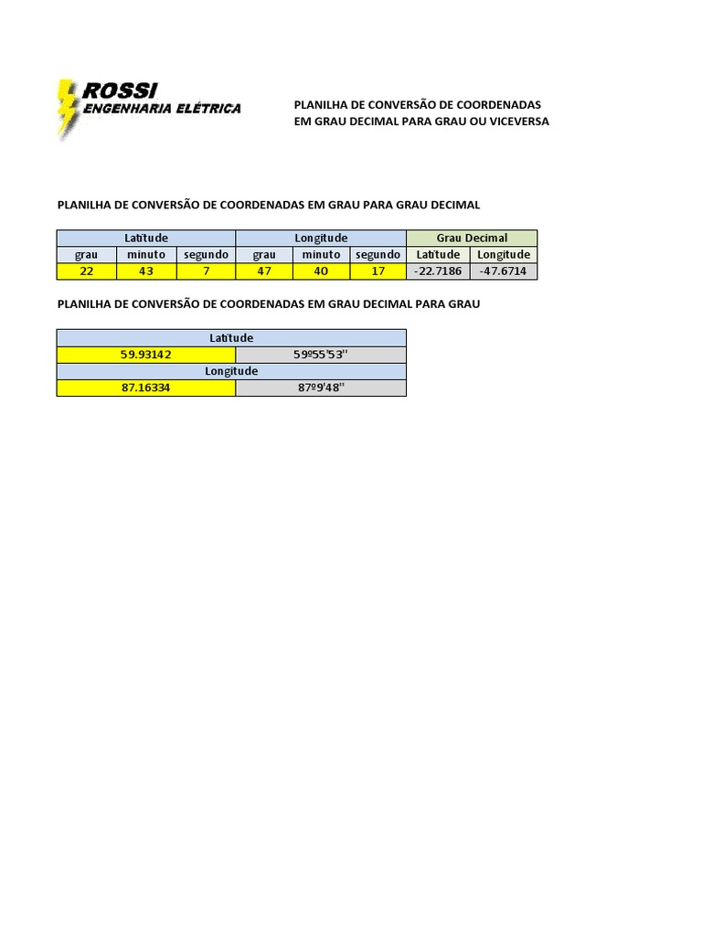 Planilha de Conversão de Graus para Graus Decimal | PDF