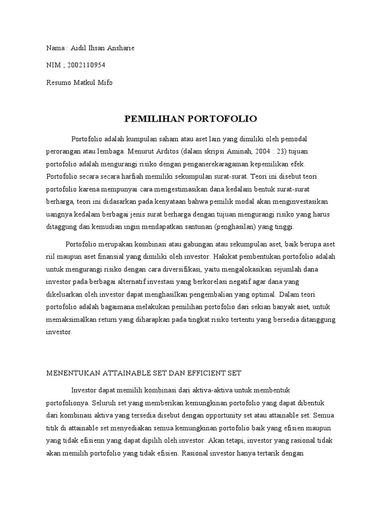 Tugas Resume MIFO Pemilihan Portofolio | PDF | Karier & Perkembangan | Pengelolaan Keuangan & Uang