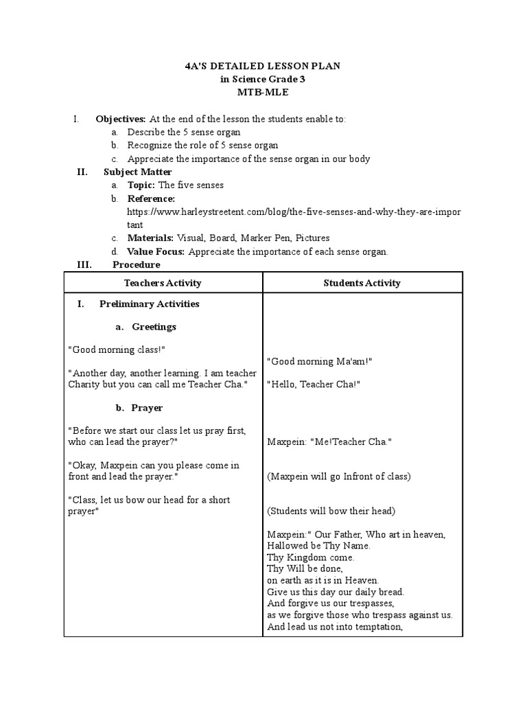 Lesson Plan MTB Final | PDF | Senses | Lord's Prayer