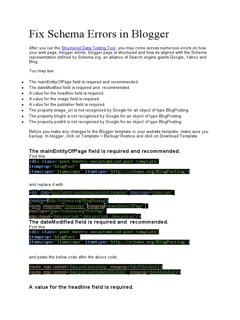 Fix Schema Errors in Blogger | PDF | Hypertext | Internet Search Engines
