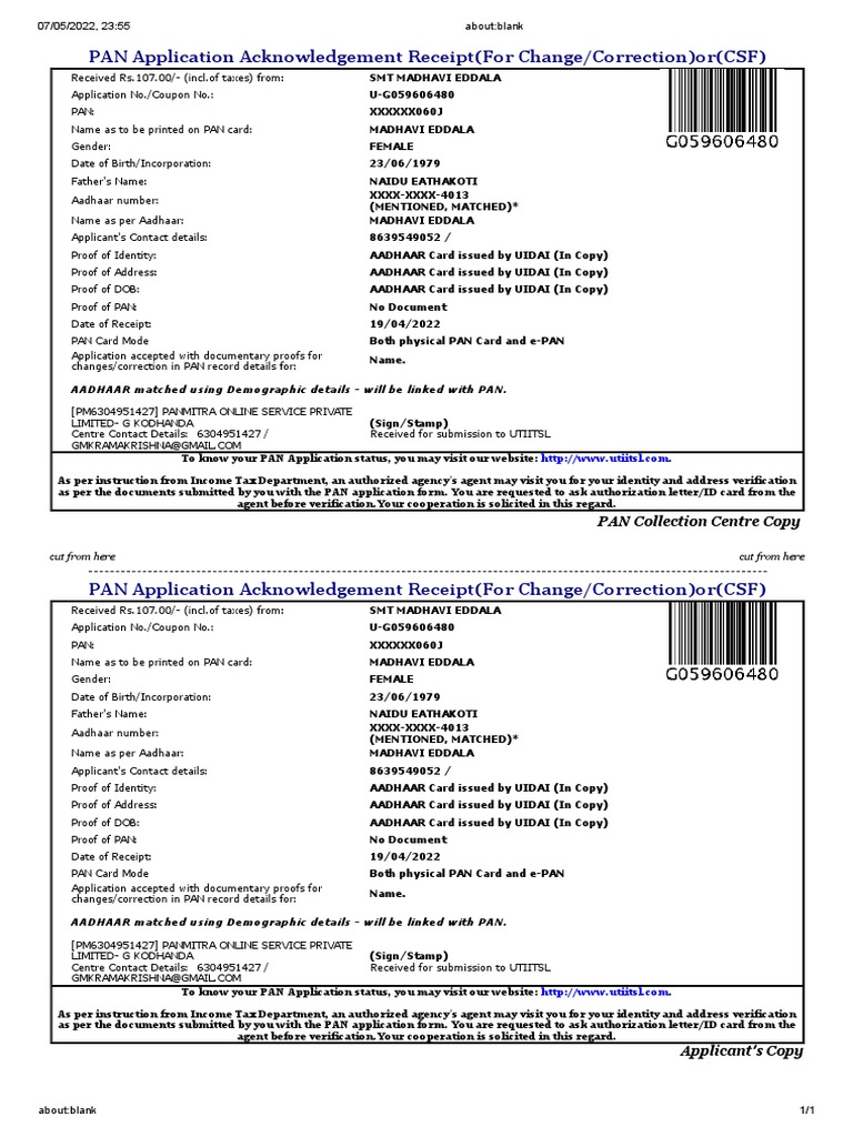 PAN Application Acknowledgement Receipt (For Change/Correction) or (CSF ...
