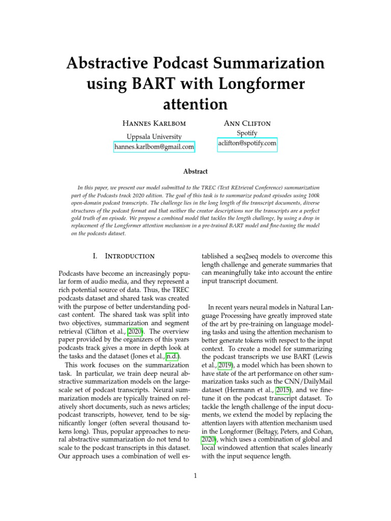Abstractive Podcast Summarization Using BART With Longformer Attention | PDF | Cognitive Science ...