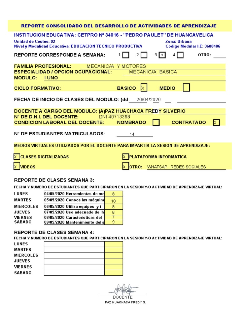 Informe Actividades Aprendizaje CETPRO 34016 | PDF