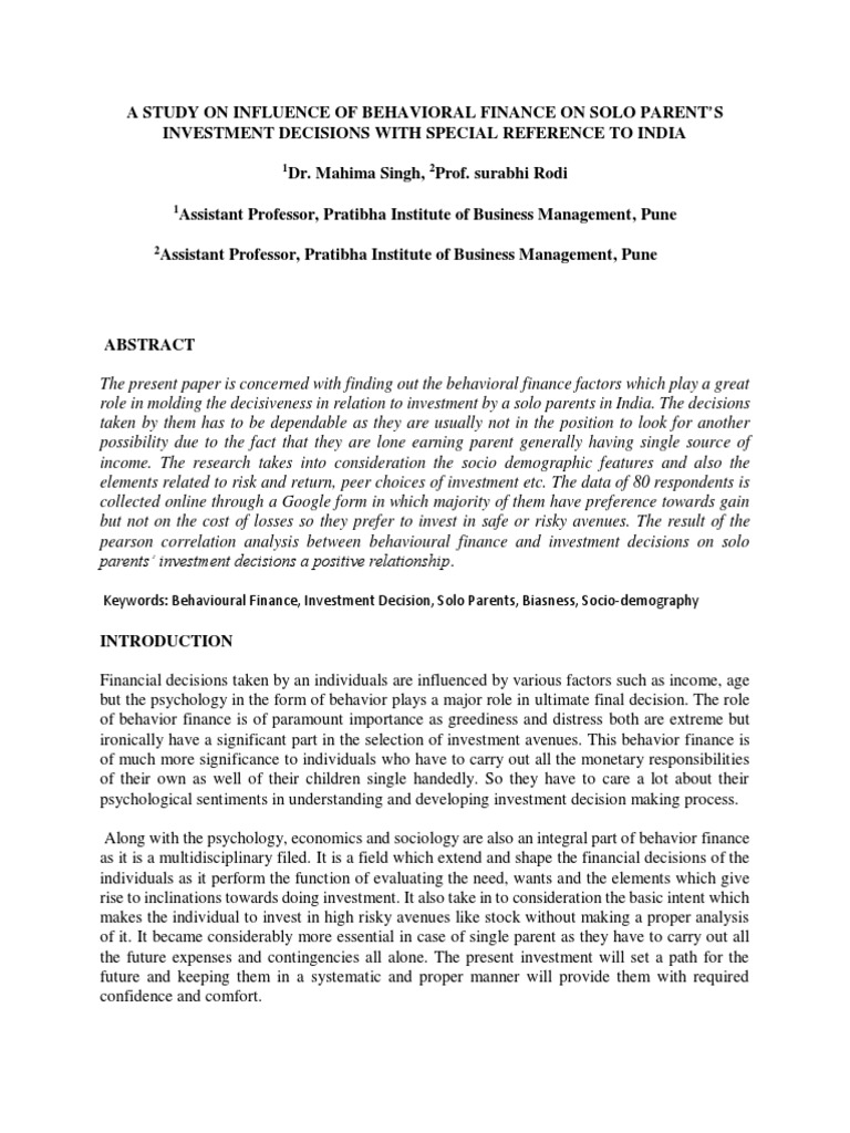 Research Paper On Behavioral Finance and Solo Parents | PDF | Effect ...