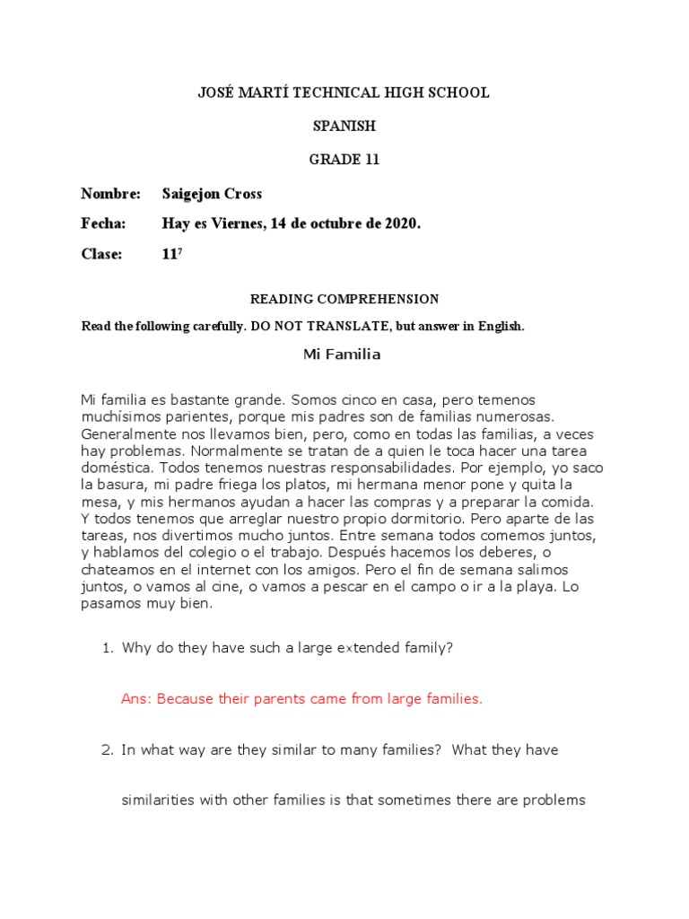 Espanol Reading Comprehension. | PDF