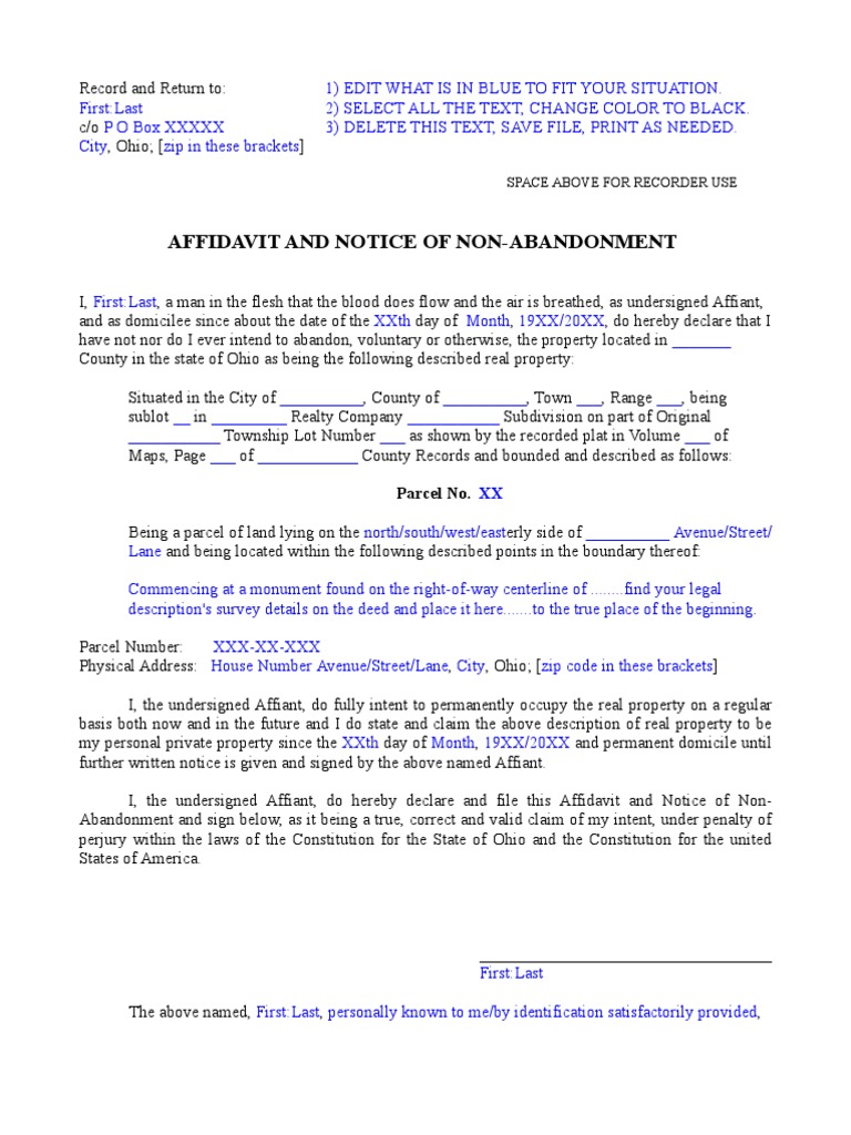 Ohio Affidavit Notice Non-Abandonment | PDF | Affidavit | Land Lot