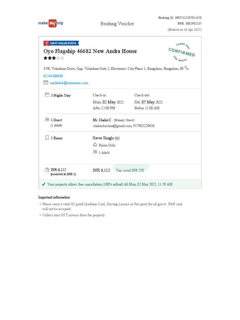 Oyo Hotel Booking Voucher Details | PDF