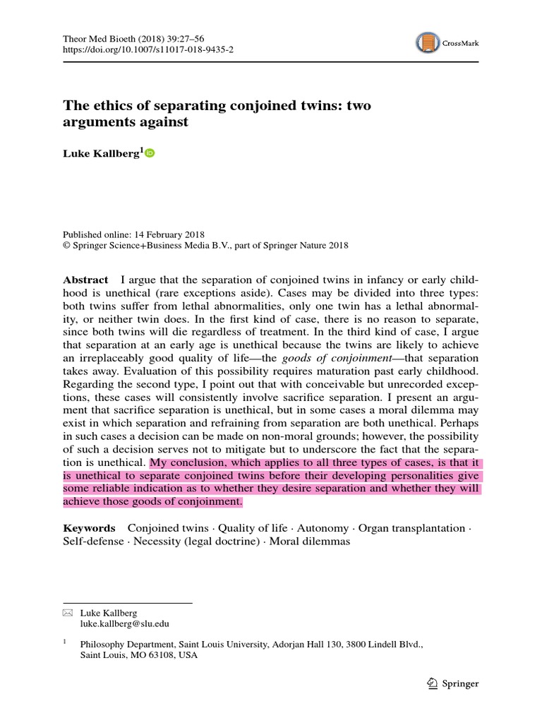 The Ethics of Separating Conjoined Twins | PDF | Internalism And Externalism | Autonomy
