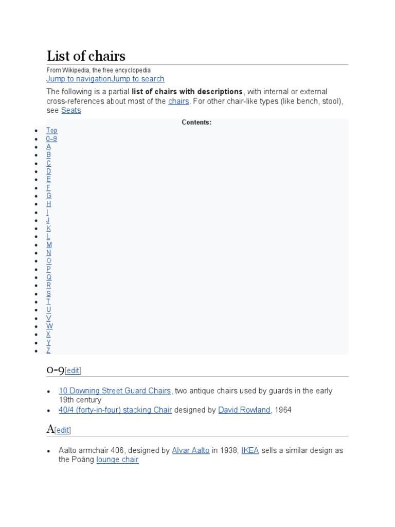 Wikipedia List of Chairs: A-Z Breakdown of Seating Designs | PDF ...