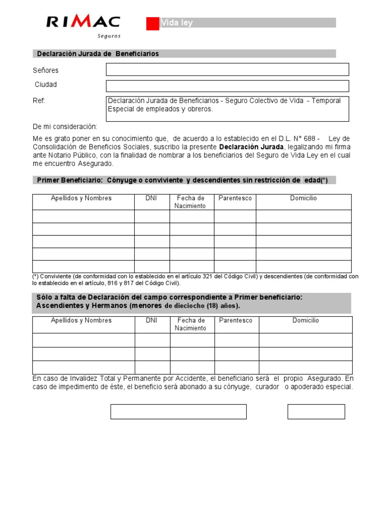 Formato Declaración Beneficiarios Vida Ley RIMAC | PDF