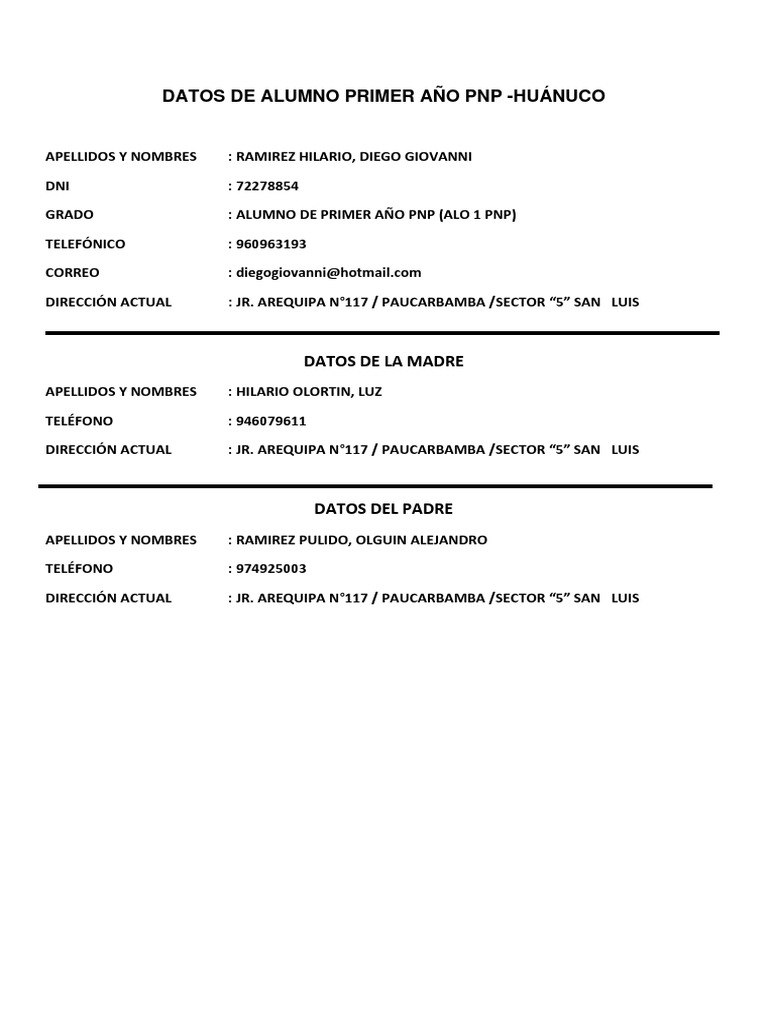 Alo PNP Ramirez Hilario Diego Giovanni - Datos - Croquis | PDF ...