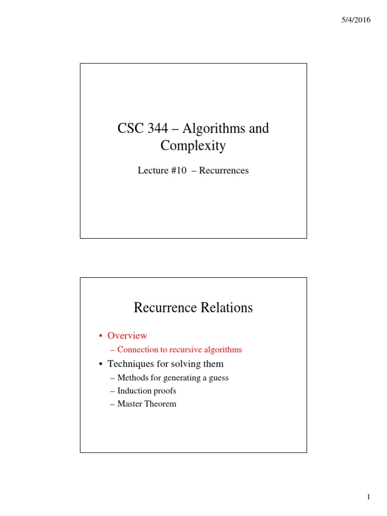 Csc 344 Algorithms And Complexity Lecture 10 Recurrences Pdf Recurrence Relation