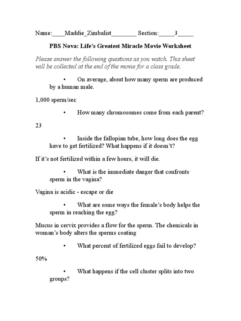 PBS Nova: Life's Greatest Miracle Movie Worksheet | PDF
