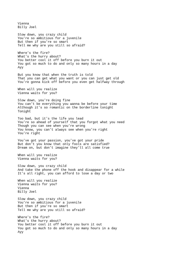 Billy Joel Vienna Song Lyrics | PDF
