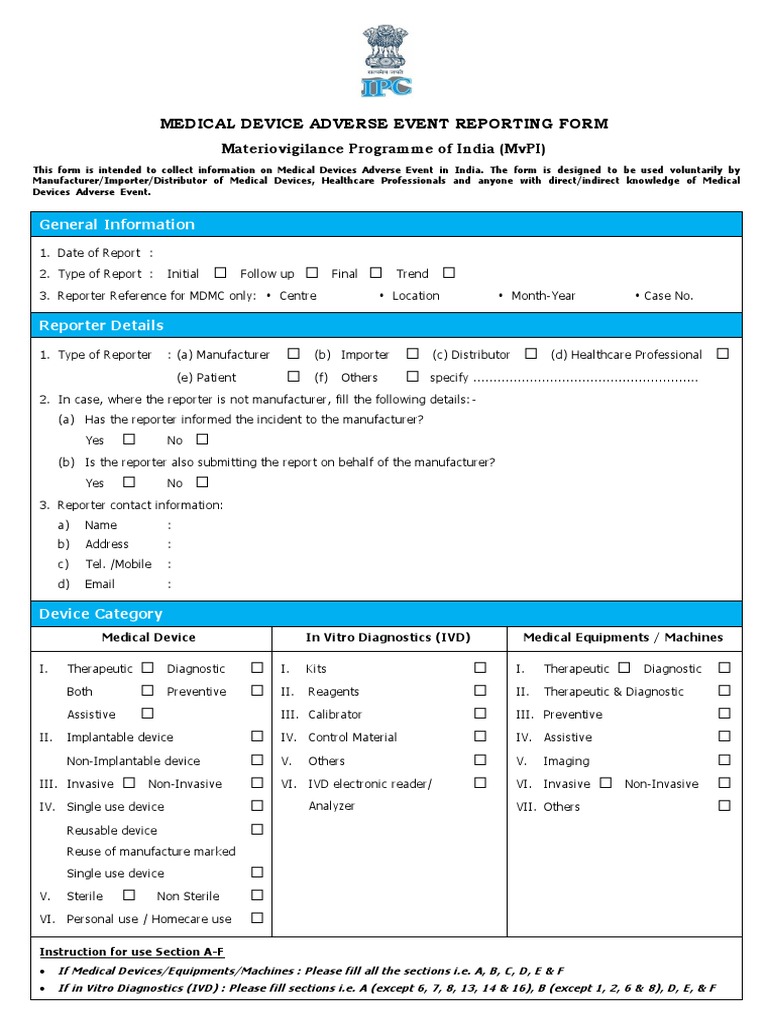 Medical Device Adverse Event Reporting Form: Materiovigilance Programme ...
