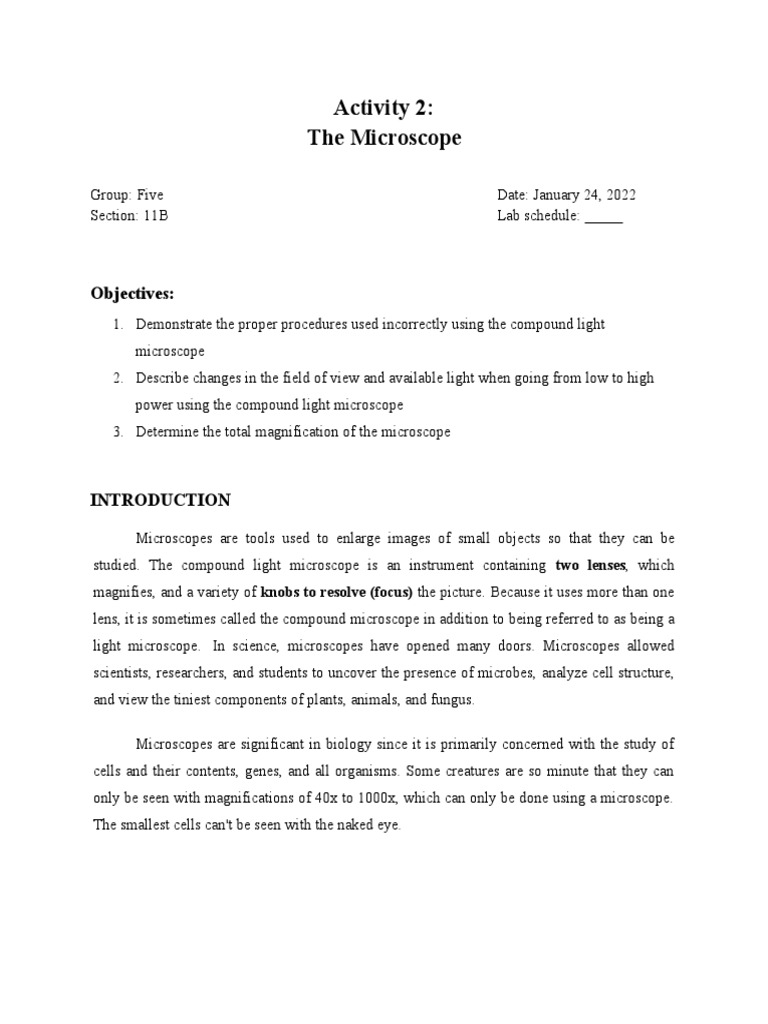 Activity 2: The Microscope: Objectives | PDF | Microscope | Optics
