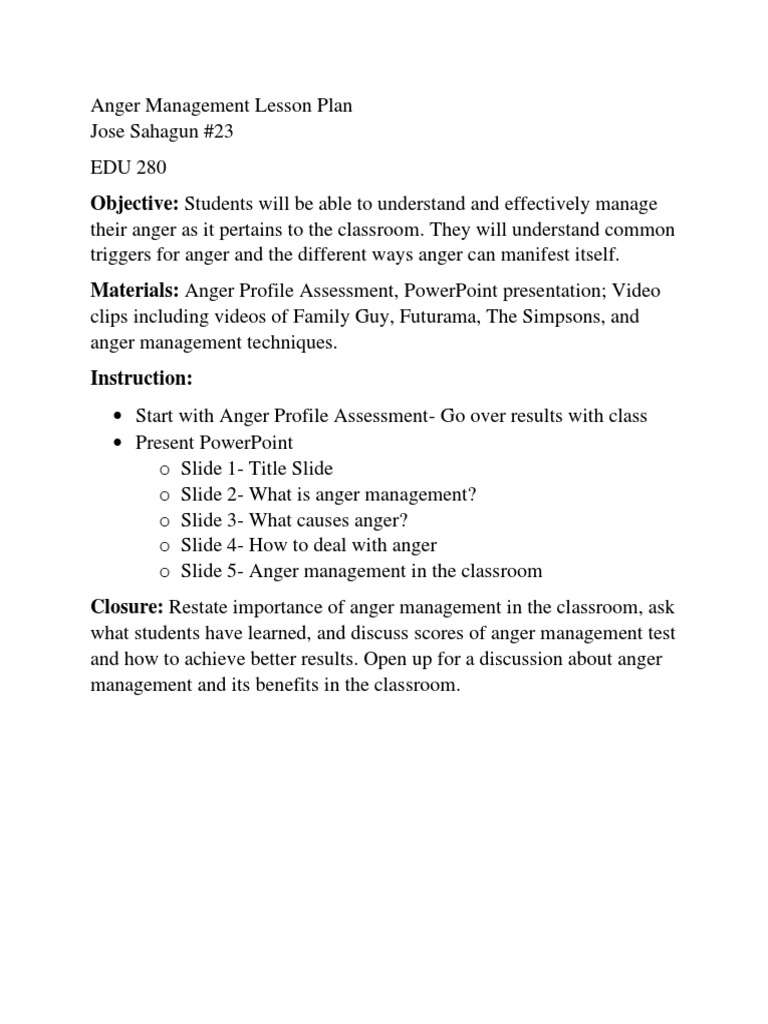 280 Lesson Plan - Anger Management | PDF | Career & Growth
