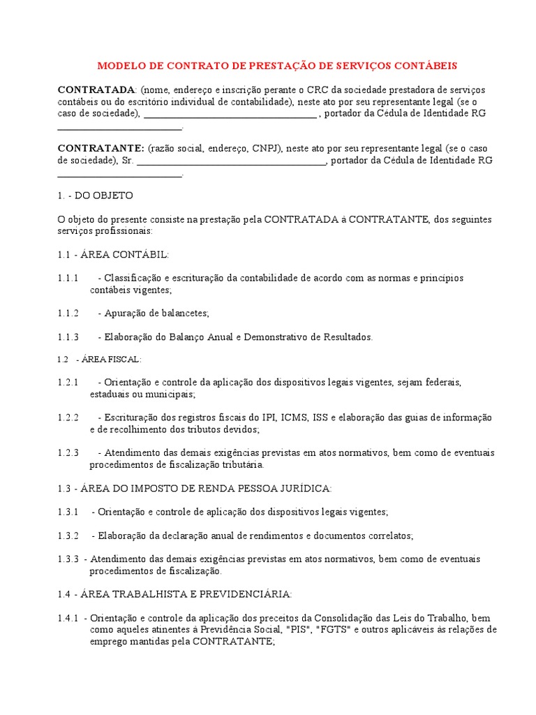 Modelo de Contrato de Prestação de Serviços Contábeis | PDF ...