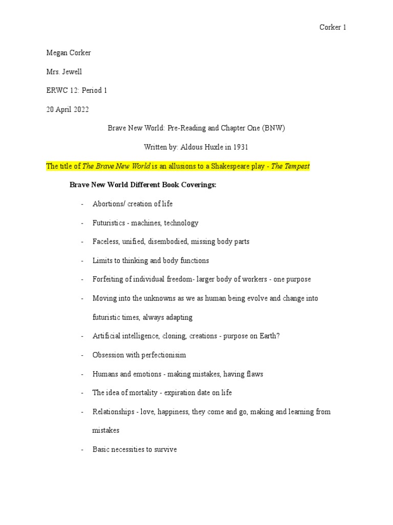 Pre Reading ch1 Brave New World | PDF | Satire