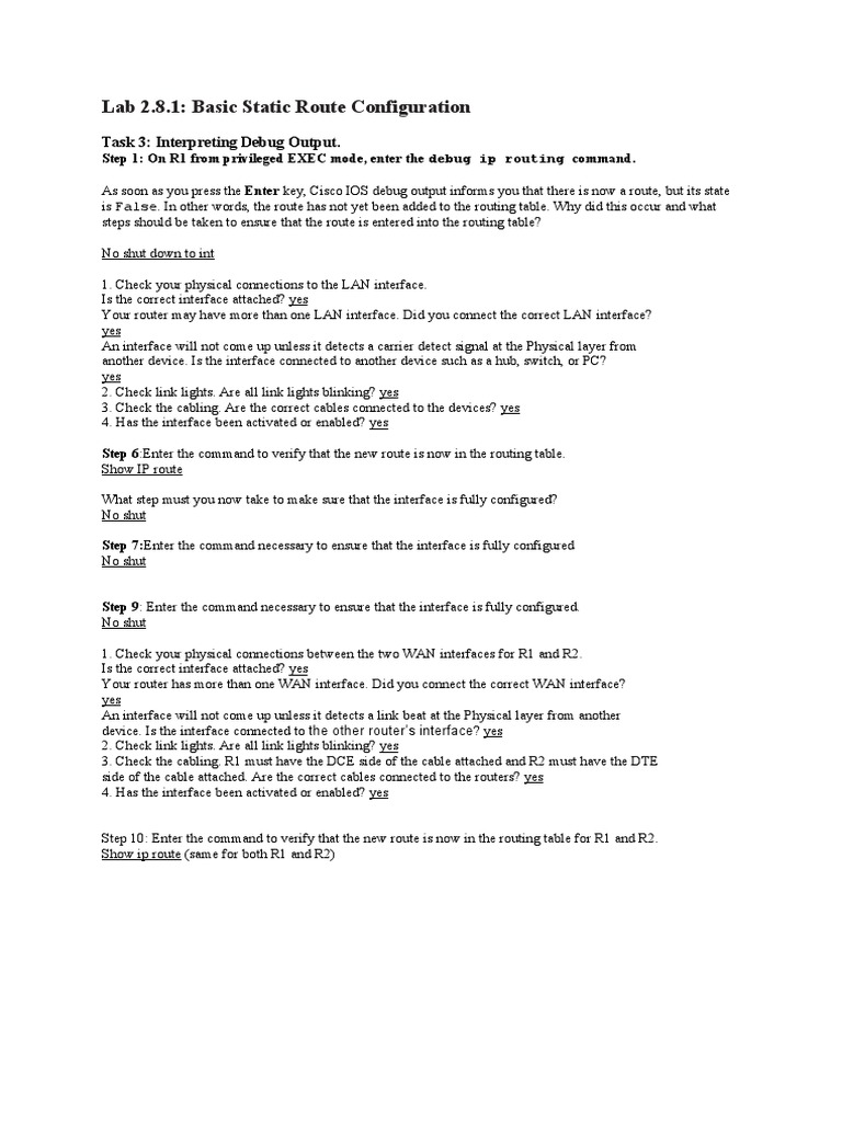 Lab 2.8.1: Basic Static Route Configuration: Task 3: Interpreting Debug Output | PDF | Routing ...