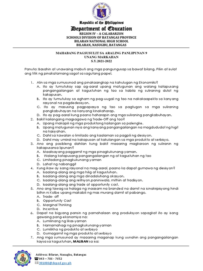 Summative Test in AP 9 | PDF